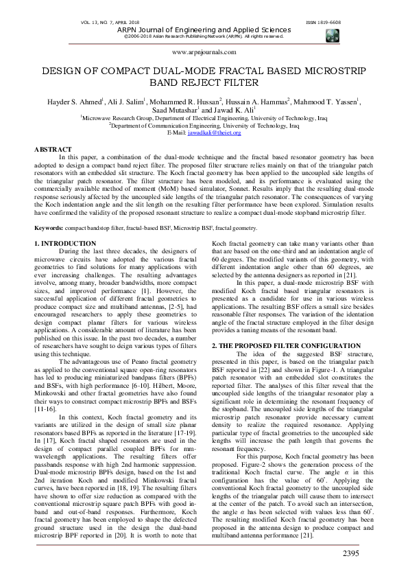 Pdf Design Of Compact Dual Mode Fractal Based Microstrip Band Reject Filter