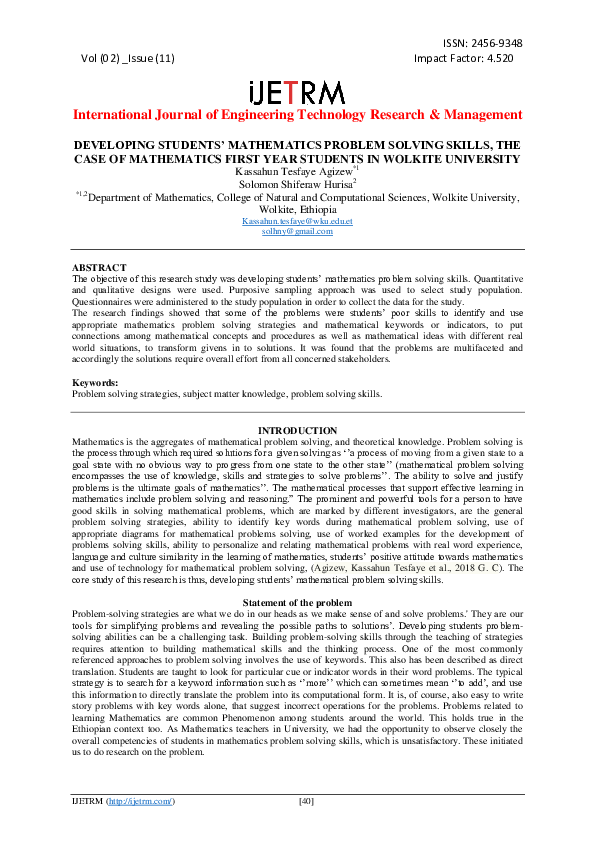 (PDF) DEVELOPING STUDENTS’ MATHEMATICS PROBLEM SOLVING SKILLS, THE CASE OF MATHEMATICS FIRST ...