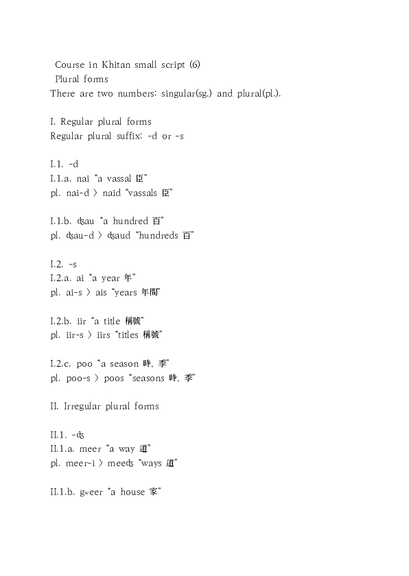 (PDF) Course in Khitan small script (6) Plural forms
