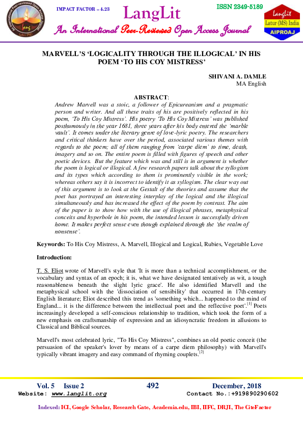 PDF MARVELL S LOGICALITY THROUGH THE ILLOGICAL IN HIS POEM TO HIS pdf-marvell-s-logicality-through-the-illogical-in-his-poem-to-his