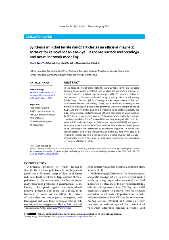 (PDF) Synthesis of nickel ferrite nanoparticles as an efficient magnetic sorbent for removal of ...