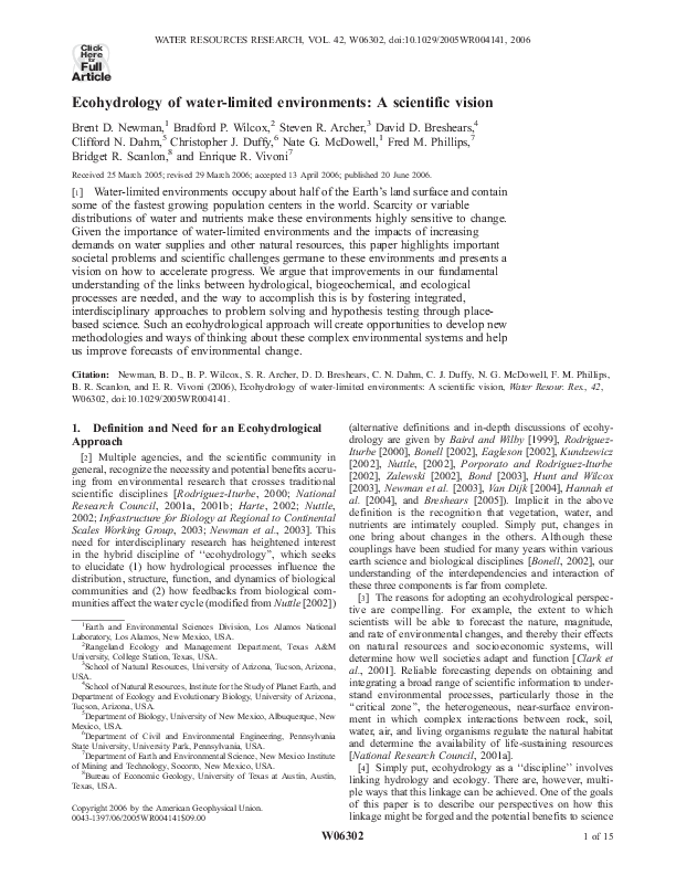 (PDF) Ecohydrology of water-limited environments: A scientific vision ...