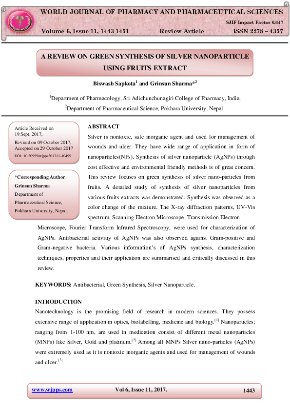 (PDF) A REVIEW ON GREEN SYNTHESIS OF SILVER NANOPARTICLE USING FRUITS EXTRACT