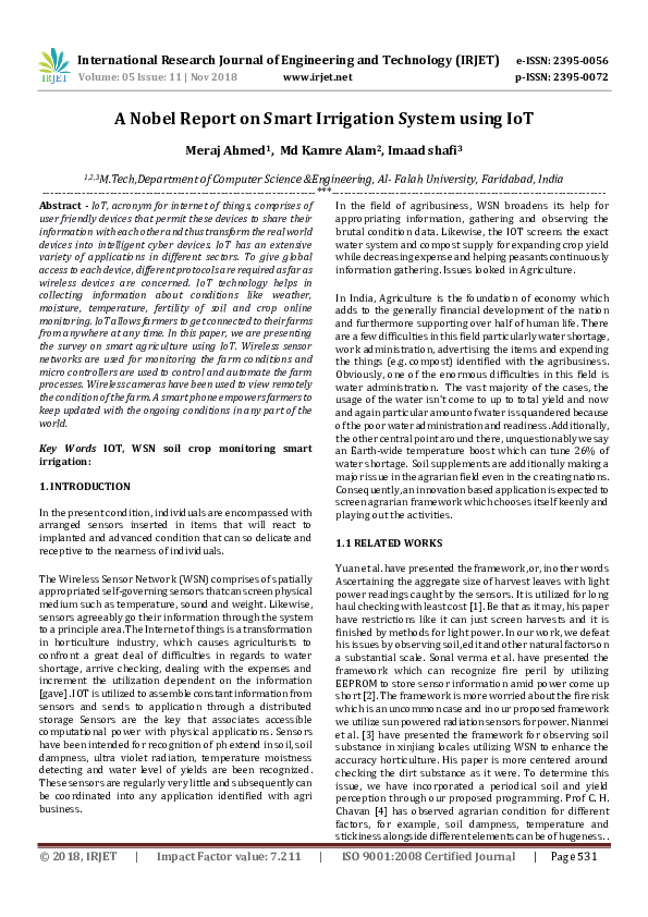 (PDF) IRJET- A Nobel Report on Smart Irrigation System using IoT