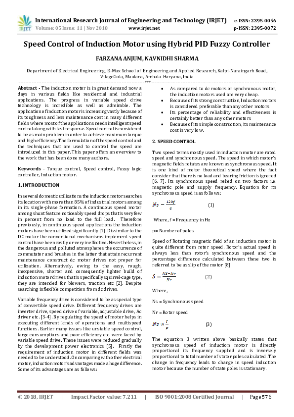 Pdf Irjet Speed Control Of Induction Motor Using Hybrid Pid Fuzzy Controller