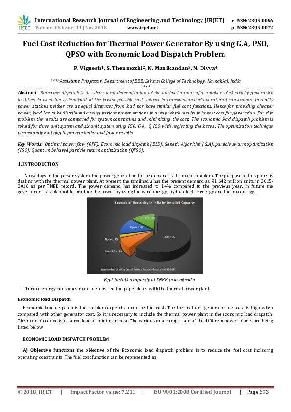 (PDF) IRJET- Fuel Cost Reduction for Thermal Power Generator By using G.A, PSO, QPSO with ...