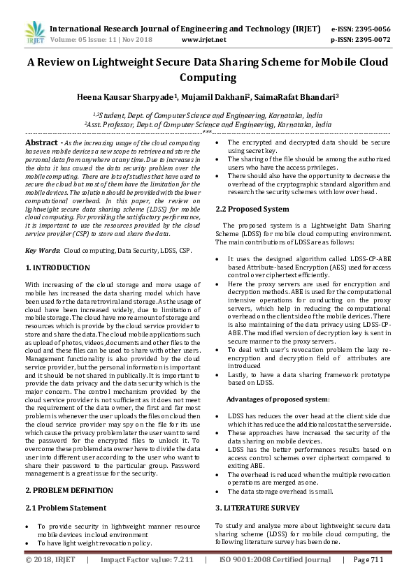 Pdf Irjet A Review On Lightweight Secure Data Sharing Scheme For Mobile Cloud Computing