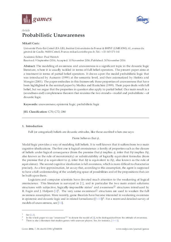 (PDF) Probabilistic Unawareness