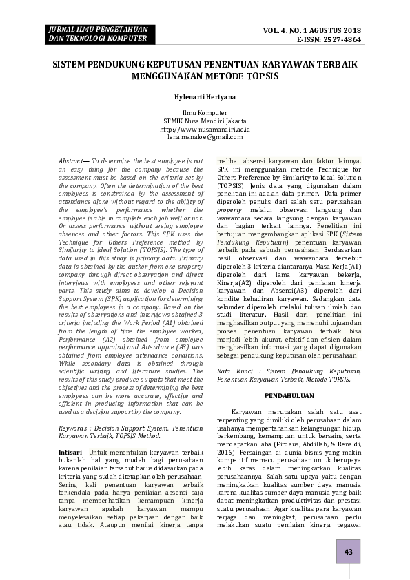 (PDF) SISTEM PENDUKUNG KEPUTUSAN PENENTUAN KARYAWAN TERBAIK MENGGUNAKAN METODE TOPSIS