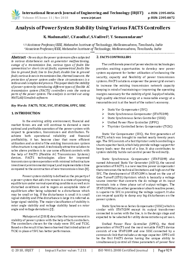 (PDF) IRJET- Analysis of Power System Stability Using Various FACTS Controllers
