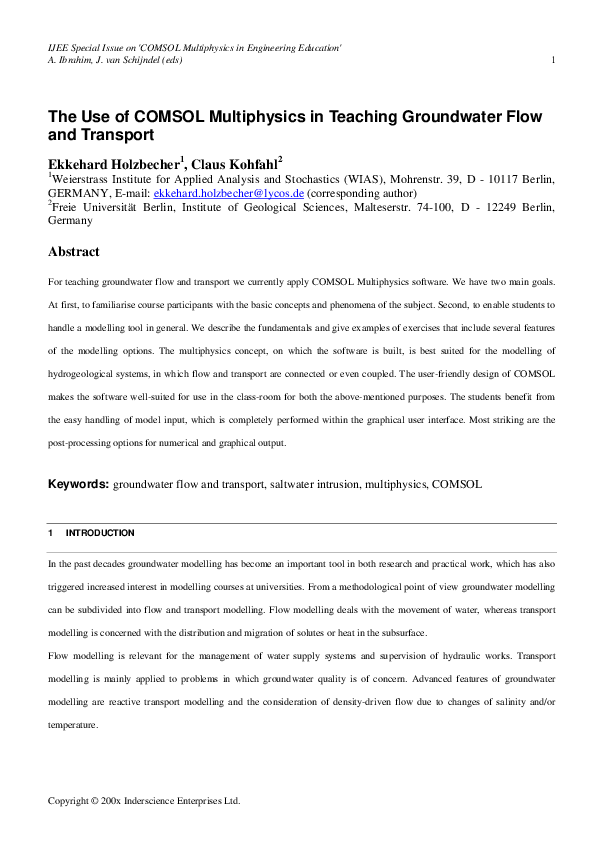 (PDF) The Use of COMSOL Multiphysics in Teaching Groundwater Flow and Transport