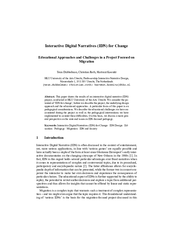 (PDF) Interactive Digital Narratives (IDN) for Change: Educational Approaches and Challenges in ...