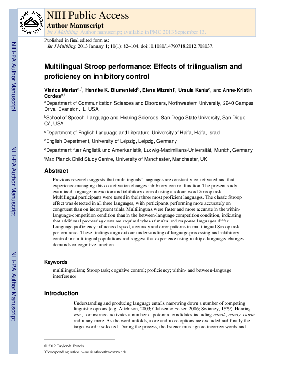 (PDF) Multilingual Stroop performance: Effects of trilingualism and ...