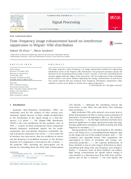 Pdf Time Frequency Image Enhancement Based On Interference Suppression In Wigner Ville