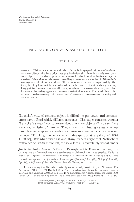 (PDF) Nietzsche on Monism About Objects