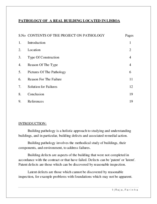 (PDF) PATHOLOGY OF A REAL BUILDING LOCATED IN LISBOA S.No CONTENTS OF ...