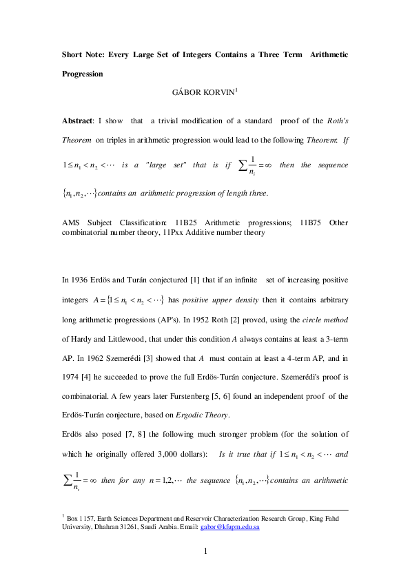(PDF) Short Note: Every Large Set of Integers Contains a Three Term ...