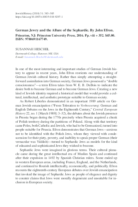 (PDF) Susannah Heschel, “Review of ‘German Jewry and the Allure of the ...