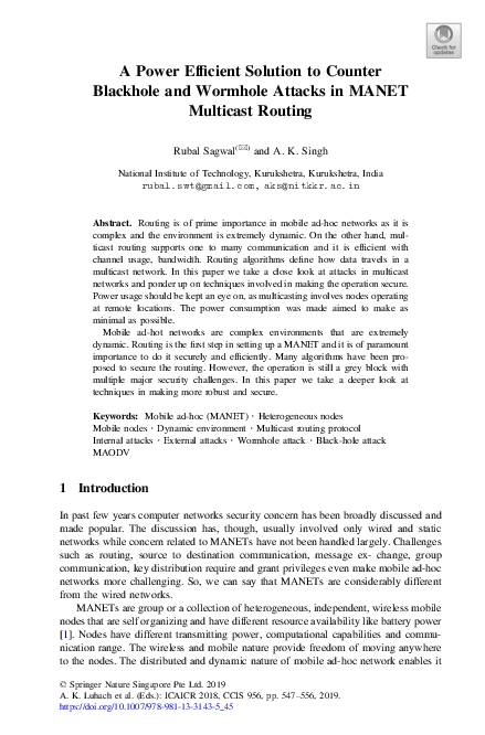 (PDF) A Power Efficient Solution to Counter Blackhole and Wormhole Attacks in MANET Multicast ...