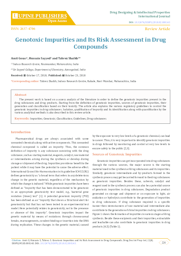 (PDF) Genotoxic Impurities and Its Risk Assessment in Drug Compounds