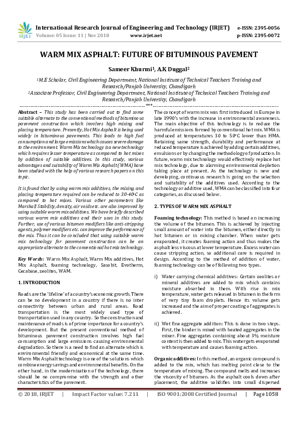 (PDF) IRJET- WARM MIX ASPHALT: FUTURE OF BITUMINOUS PAVEMENT | IRJET ...