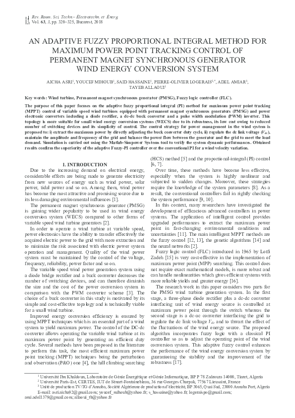 Pdf An Adaptive Fuzzy Proportional Integral Method For Maximum Power Point Tracking Control Of
