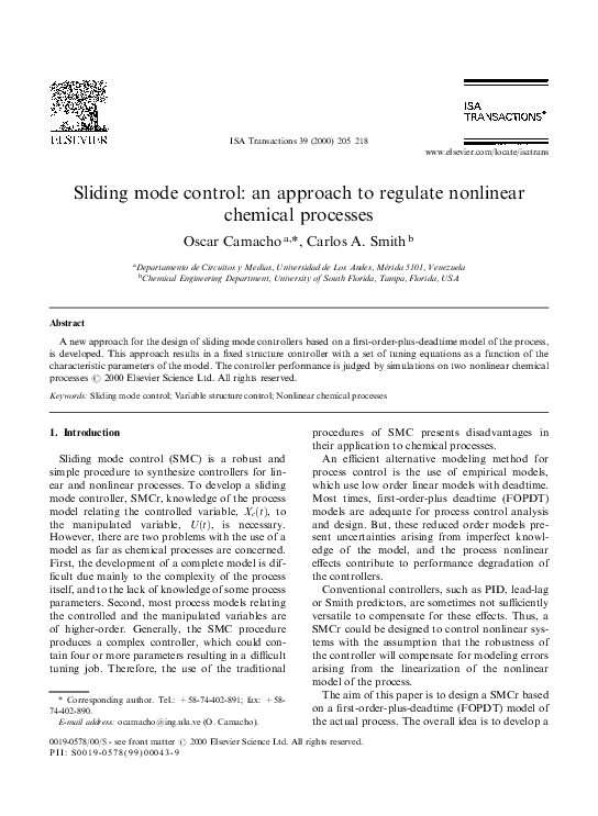 (PDF) Sliding mode control: an approach to regulate nonlinear chemical processes