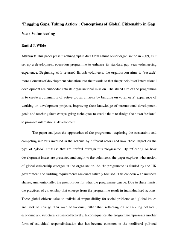 (PDF) 'Plugging Gaps, Taking Action': Conceptions of Global Citizenship in Gap Year Volunteering