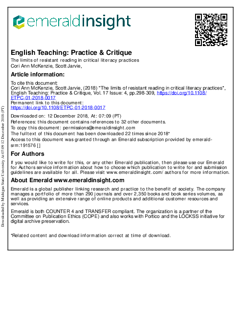 (PDF) The Limits of Resistant Reading in Critical Literacy Practices