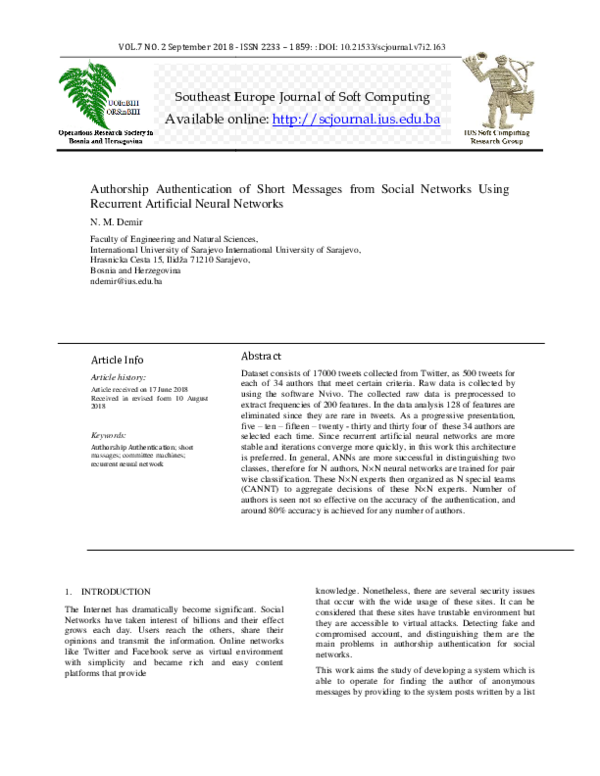 (PDF) Authorship Authentication of Short Messages from Social Networks Recurrent Artificial ...