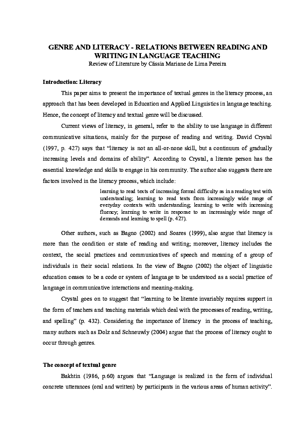 (PDF) GENRE AND LITERACY -RELATIONS BETWEEN READING AND WRITING IN ...