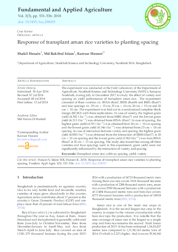 (PDF) Response of transplant aman rice varieties to planting spacing ...