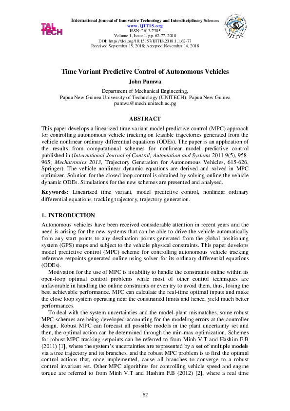 (PDF) Time Variant Predictive Control of Autonomous Vehicles