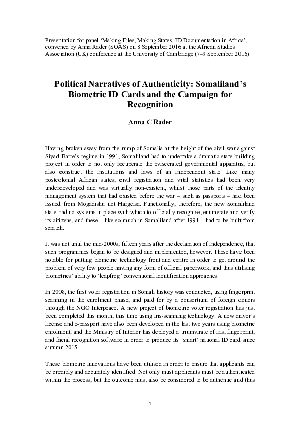 (PDF) Political Narratives of Authenticity: Somaliland's Biometric ID ...