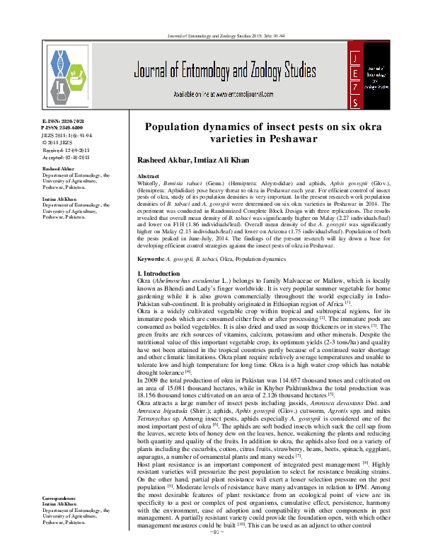 Pdf Population Dynamics Of Insect Pests On Six Okra Varieties In Peshawar