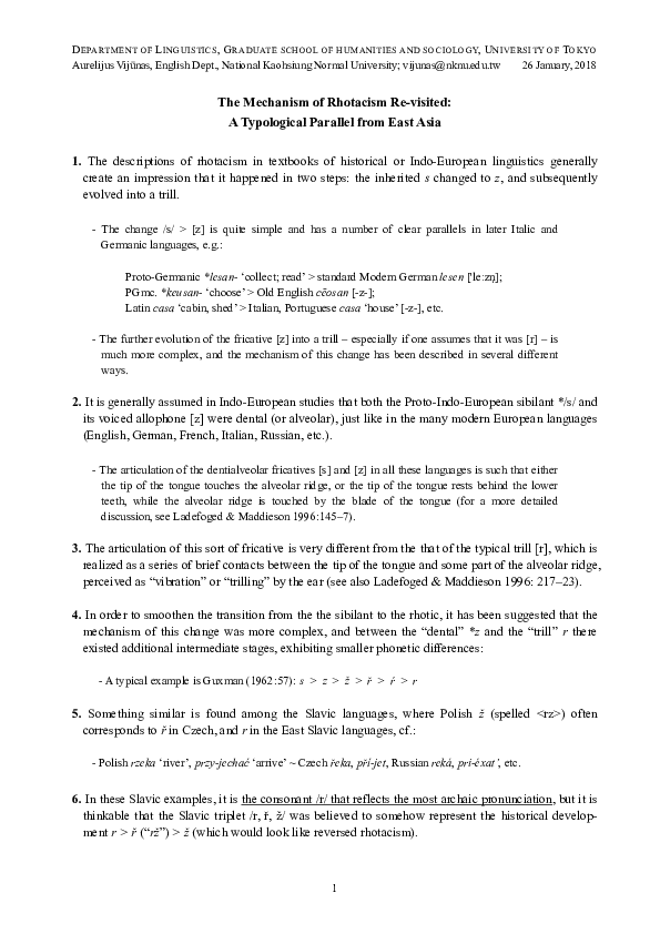 (PDF) The Mechanism of Rhotacism Re-visited: A Typological Parallel ...