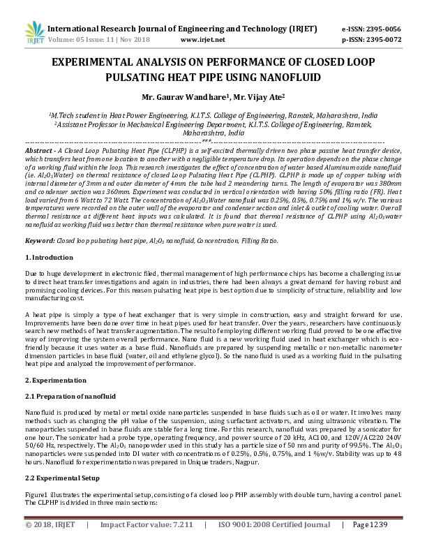 Pdf Irjet Experimental Analysis On Performance Of Closed Loop Pulsating Heat Pipe Using Nanofluid