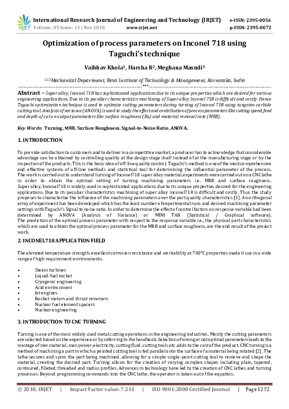 (PDF) IRJET- Optimization of process parameters on Inconel 718 using Taguchi's technique