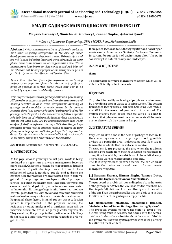 (PDF) IRJET- SMART GARBAGE MONITORING SYSTEM USING IOT