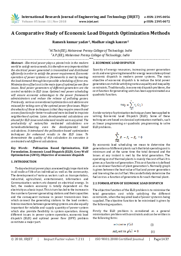 (PDF) IRJET- A Comparative Study of Economic Load Dispatch Optimization ...