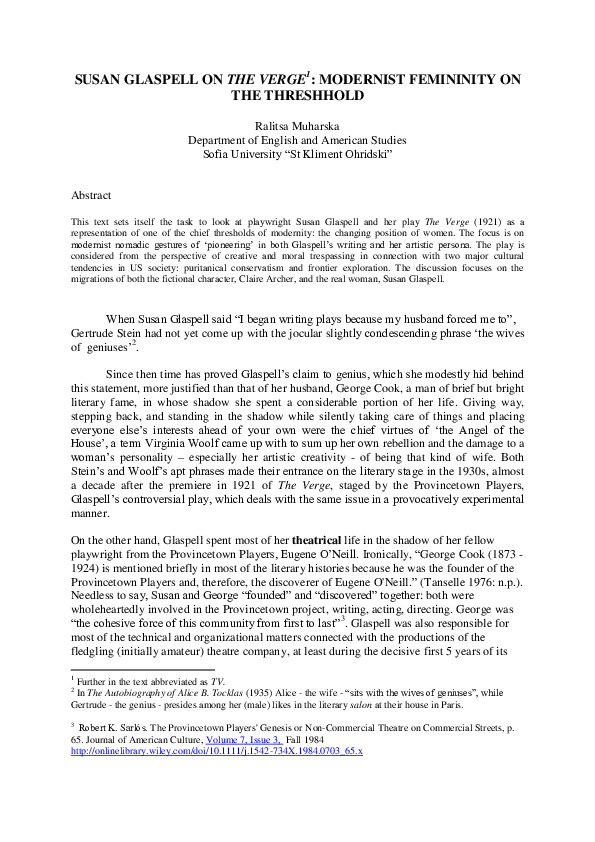 (PDF) susan glaspell on the verge: modernist femininity on the threshold
