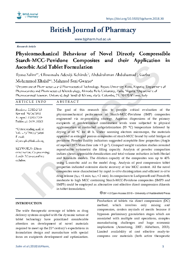 (PDF) Physicomechanical Behaviour of Novel Directly Compressible Starch ...