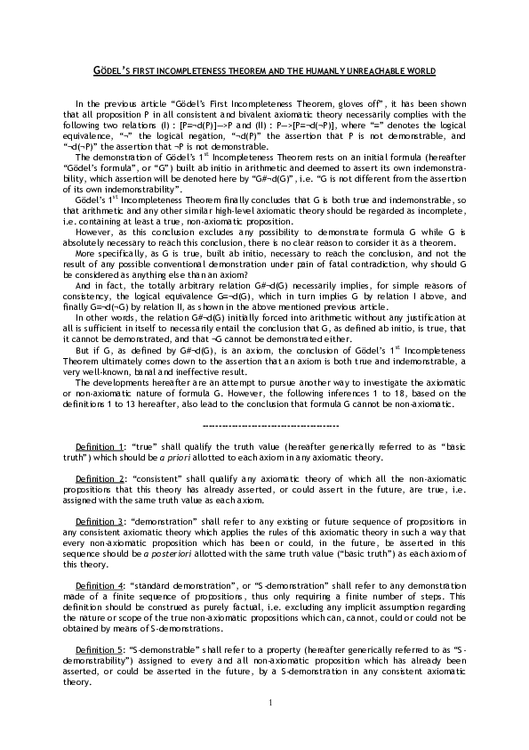 (PDF) GÖDEL'S FIRST INCOMPLETENESS THEOREM AND THE HUMANLY UNREACHABLE ...