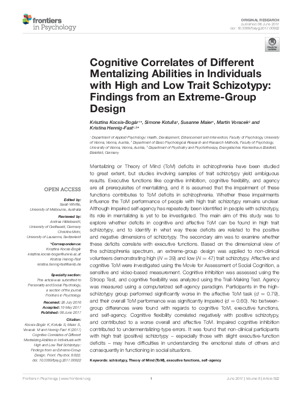 Pdf Cognitive Correlates Of Different Mentalizing Abilities In Individuals With High And Low