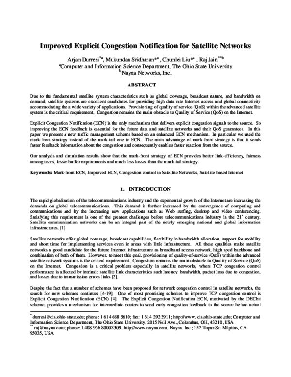 Pdf Improved Explicit Congestion Notification For Satellite Networks
