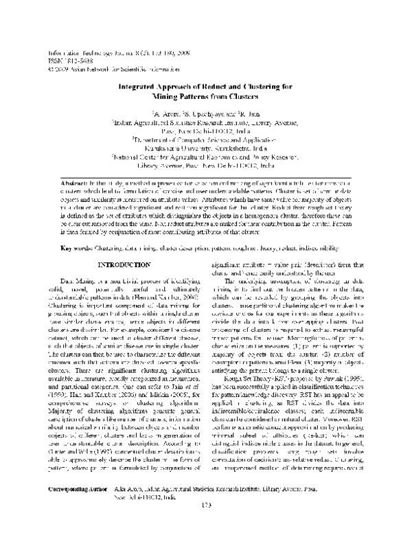 Pdf Integrated Approach Of Reduct And Clustering For Mining Patterns