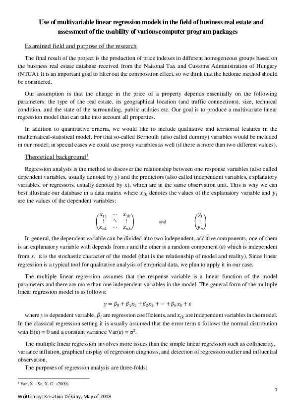 Doc Use Of Multivariable Linear Regression Models In The Field Of Business Real Estate And