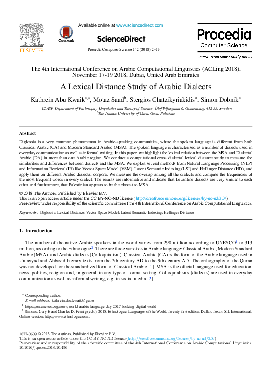 (PDF) A Lexical Distance Study of Arabic Dialects