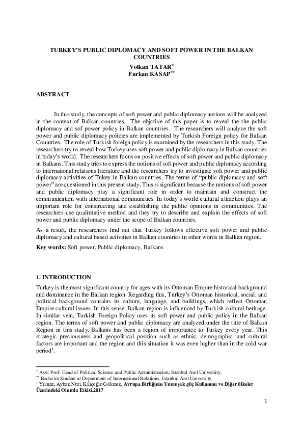 (DOC) TURKEY'S PUBLIC DIPLOMACY AND SOFT POWER IN THE BALKAN COUNTRIES ...