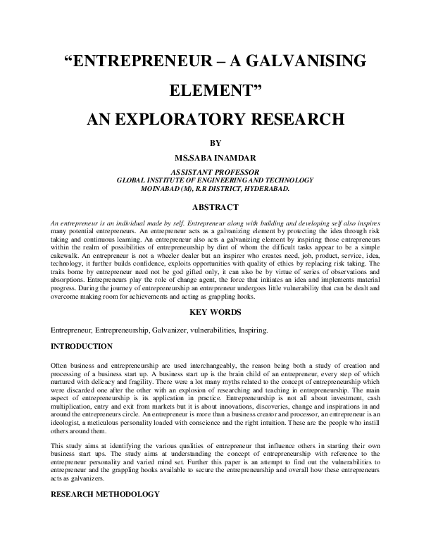 (DOC) " ENTREPRENEUR – A GALVANISING ELEMENT " AN EXPLORATORY RESEARCH